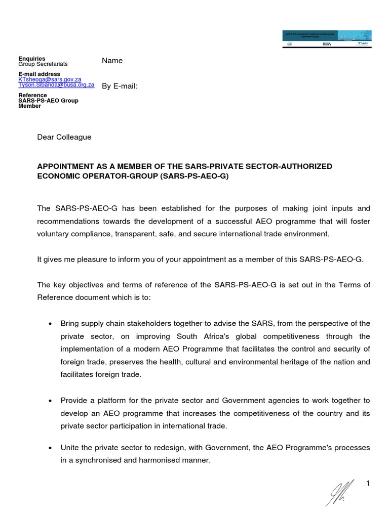 SARS Private Sector AEO Group Appointment | PDF | Economies | Business