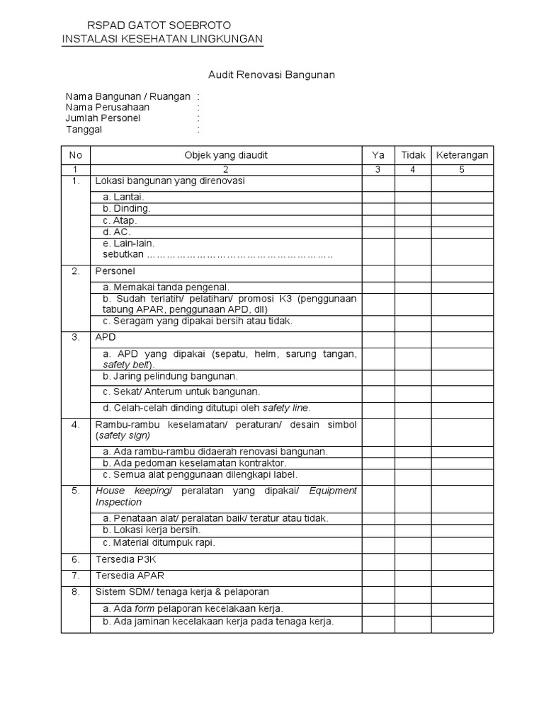 Form Audit Renovasi Bangunan K3 | PDF
