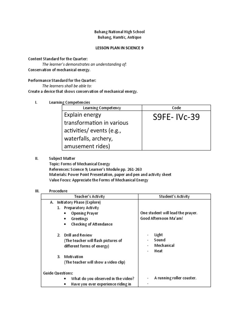2nd Cot Lesson Plan | PDF | Friction | Kinetic Energy