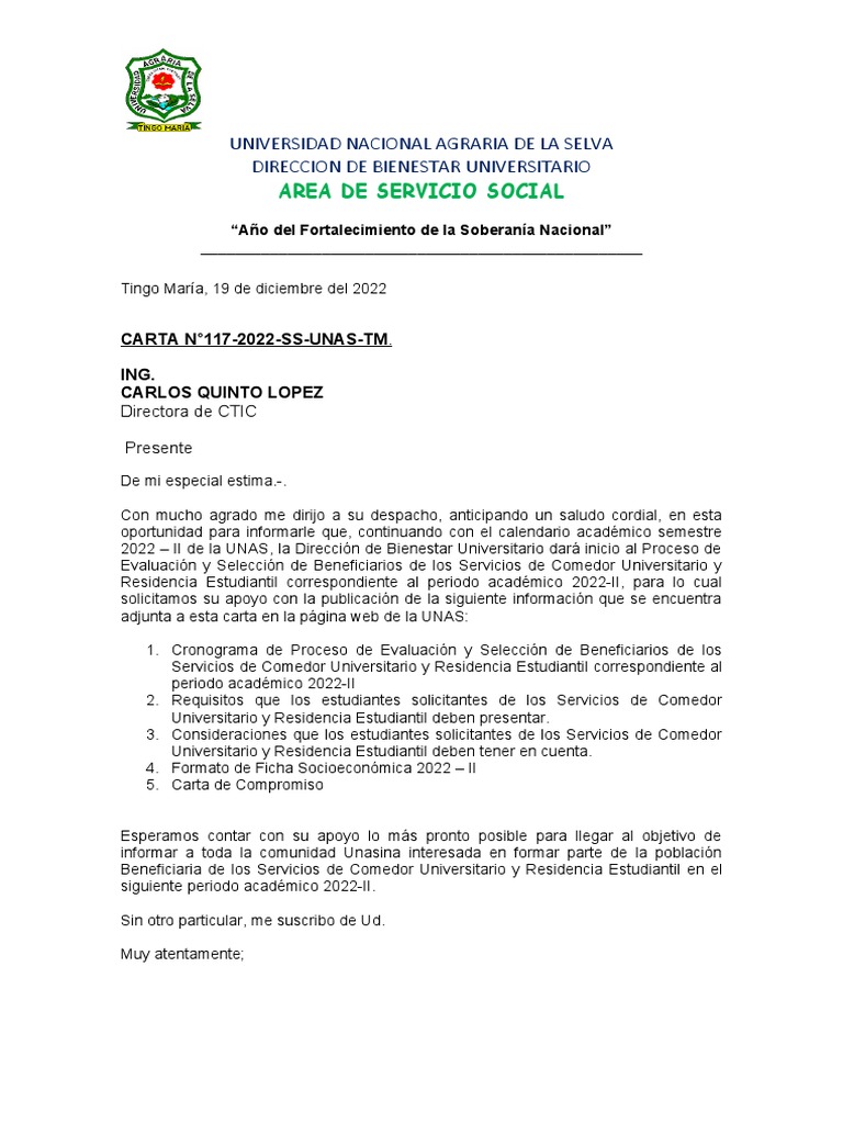 CARTA #117-2022-UNAS Ctic | PDF