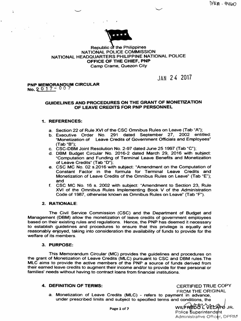 PNP MC 2017-007 Guidelines and Procedures On The Grant of Monetization ...