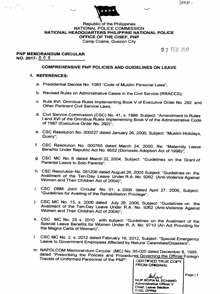 PNP MC 2017-008 Comprehensive PNP Policies and Guidelines On Leave | PDF