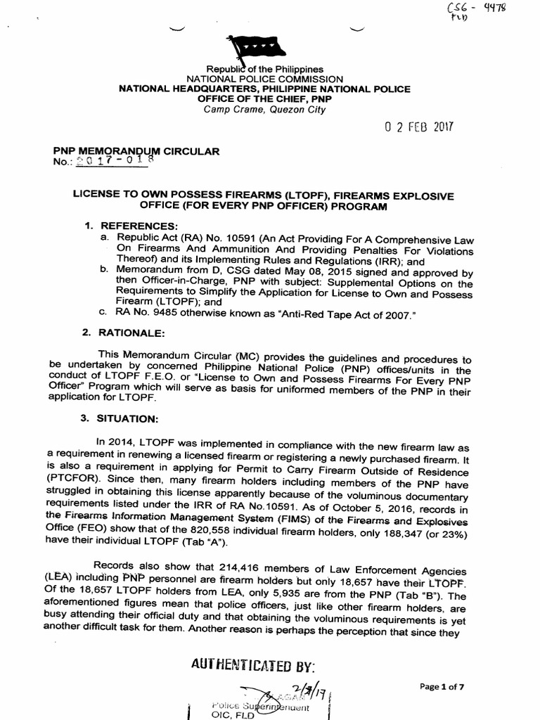 PNP MC 2017-018 License To OWN Possess Firearms (LTOPF), Firearms ...