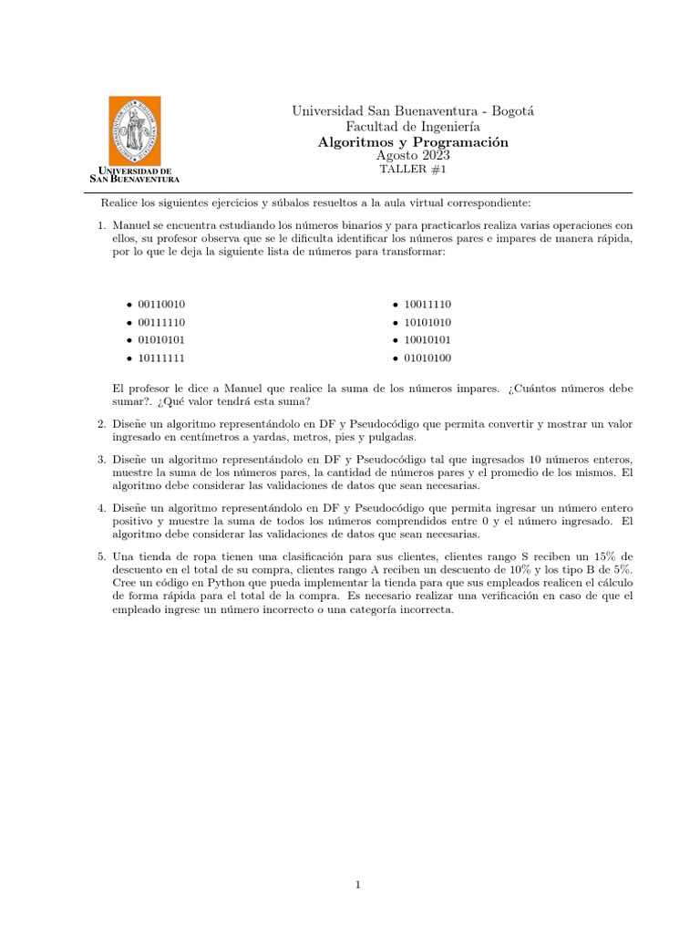 Taller 1 - Algoritmos y Programación | PDF