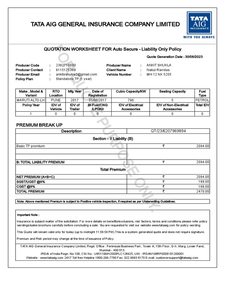 Tata AIG Motor Premium Quote - 3184 - QT - 23 - 6207969894 | PDF ...