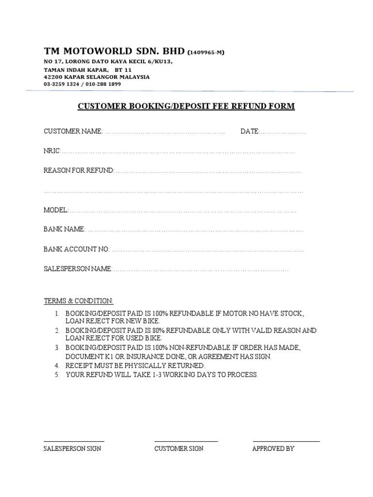 Booking Refund Form. | PDF