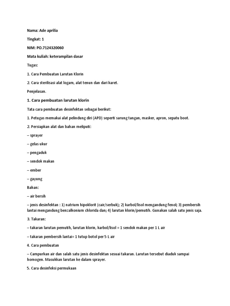 Cara Pembuatan Larutan Klorin, Cara Sterilisasi Alat Logama, Alat Tenun ...