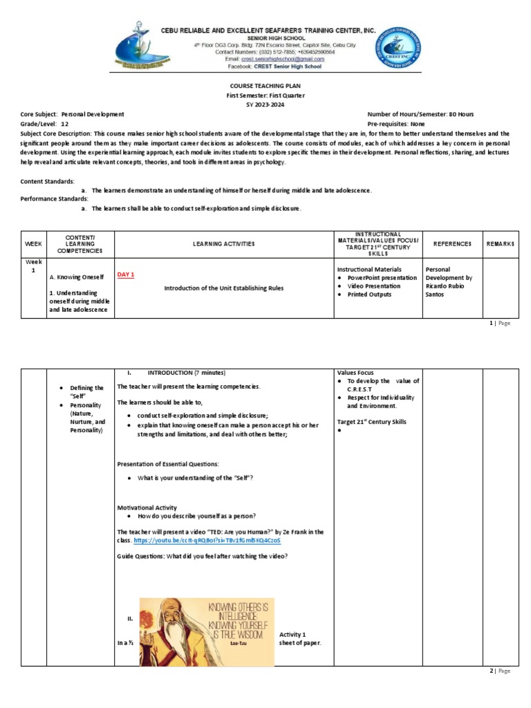 Week 1 Personal Development Course Teaching Plan | PDF | Extraversion And Introversion | Learning