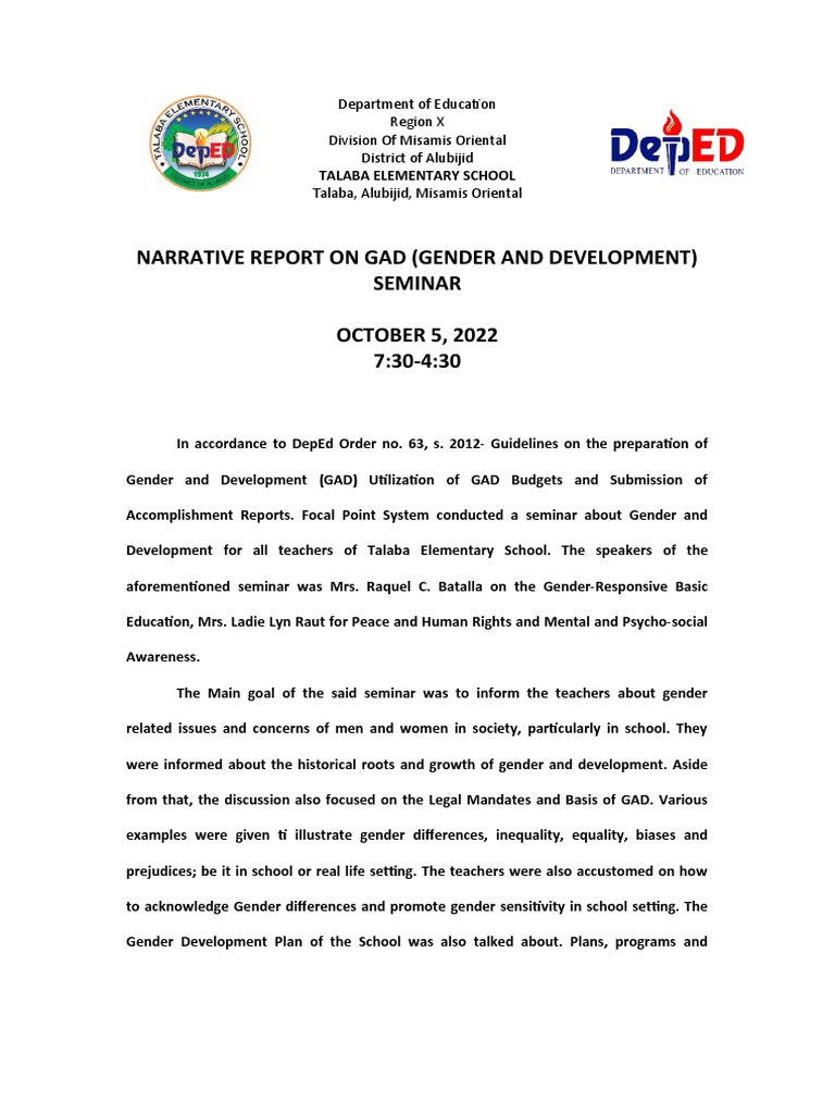 NARRATIVE REPORT ON GAD SEMINAR - Docx2 | PDF