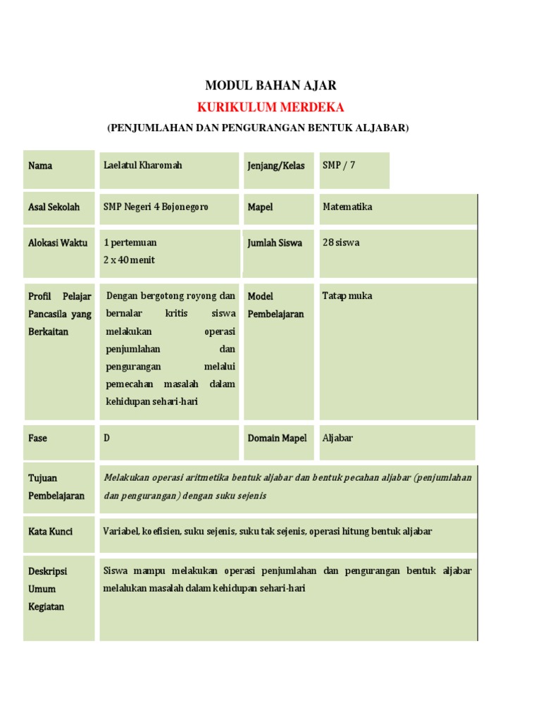 Modul Ajar Operasi Aljabar Fix | PDF | Karier & Perkembangan