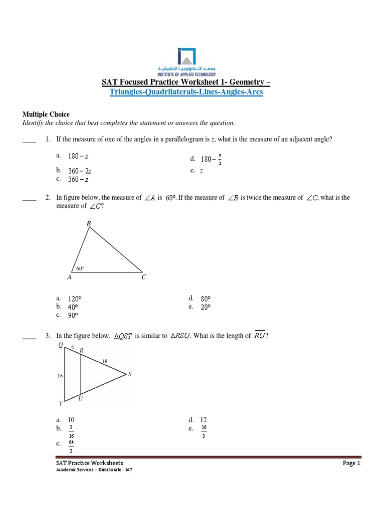 Sat Focused Practice Worksheet 1 - Geometry | PDF | Triangle ...