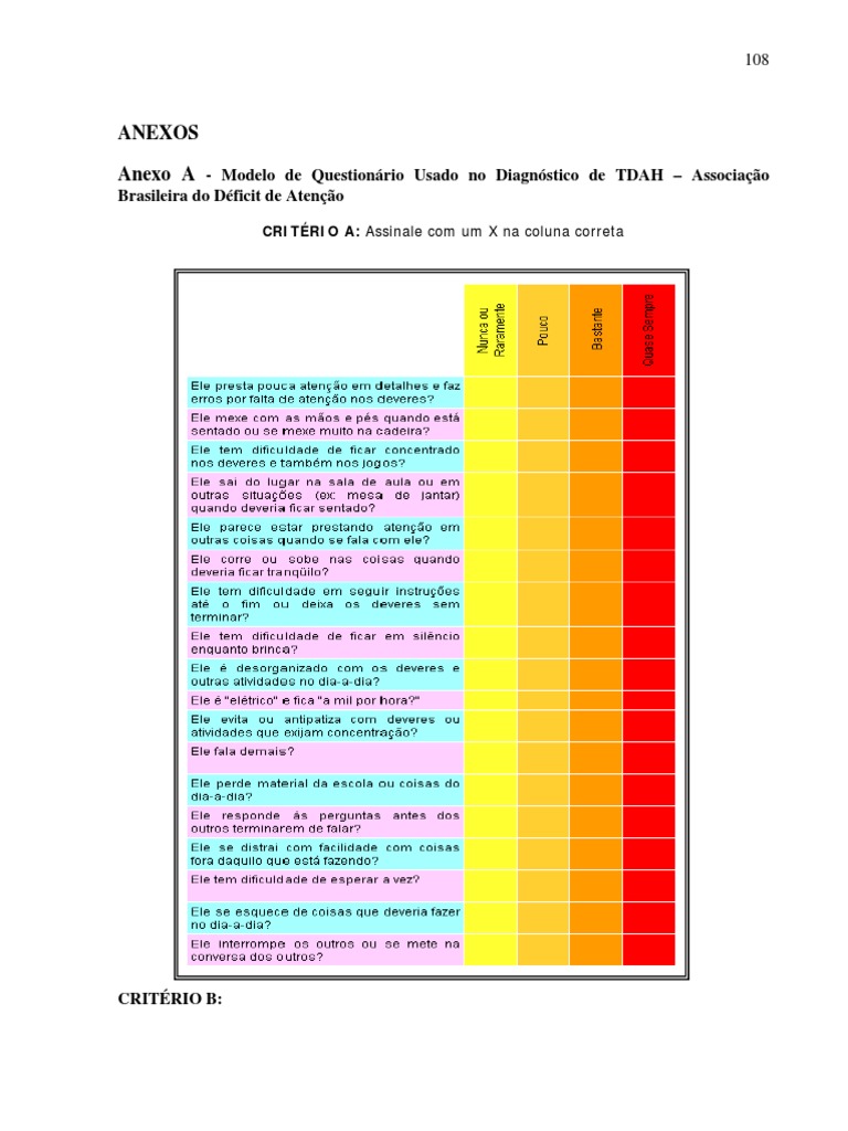 Questionário Usado No Diagnóstico de TDAH | PDF | Autoajuda | Bem-estar