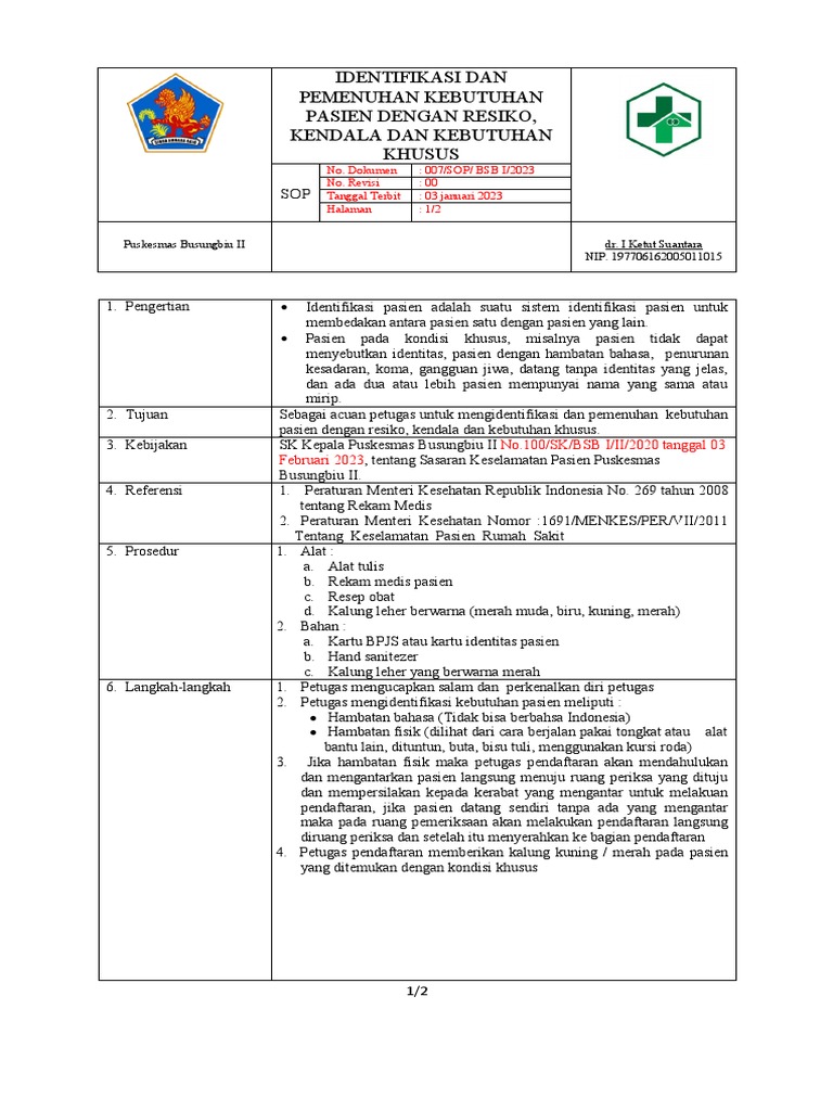 SOP Identifikasi Dan Pemenuhan Kebutuhan Pasien Dengan Risiko Kondisi Khusus | PDF