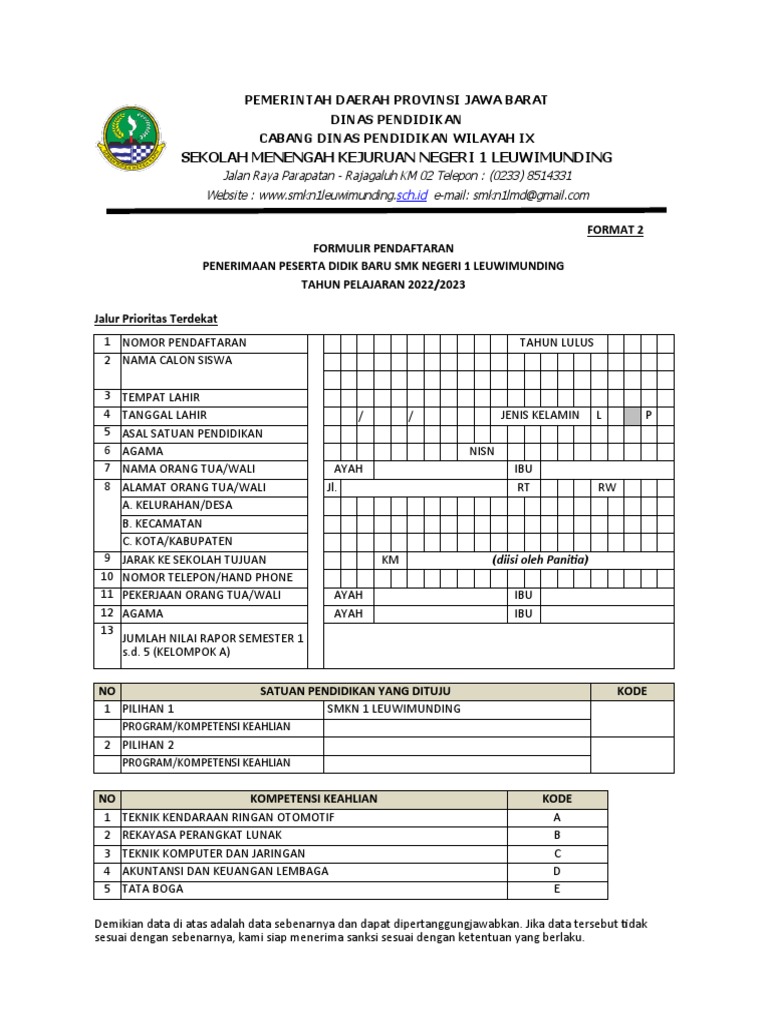 Form PPDB SMKN 1 Leuwimunding 2022 | PDF