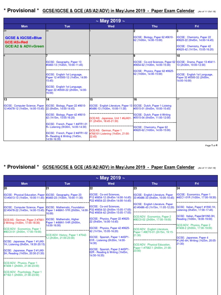 BST Secondary School PROVISIONAL Calendar IGCSE GCSE and GCE in Summer ...