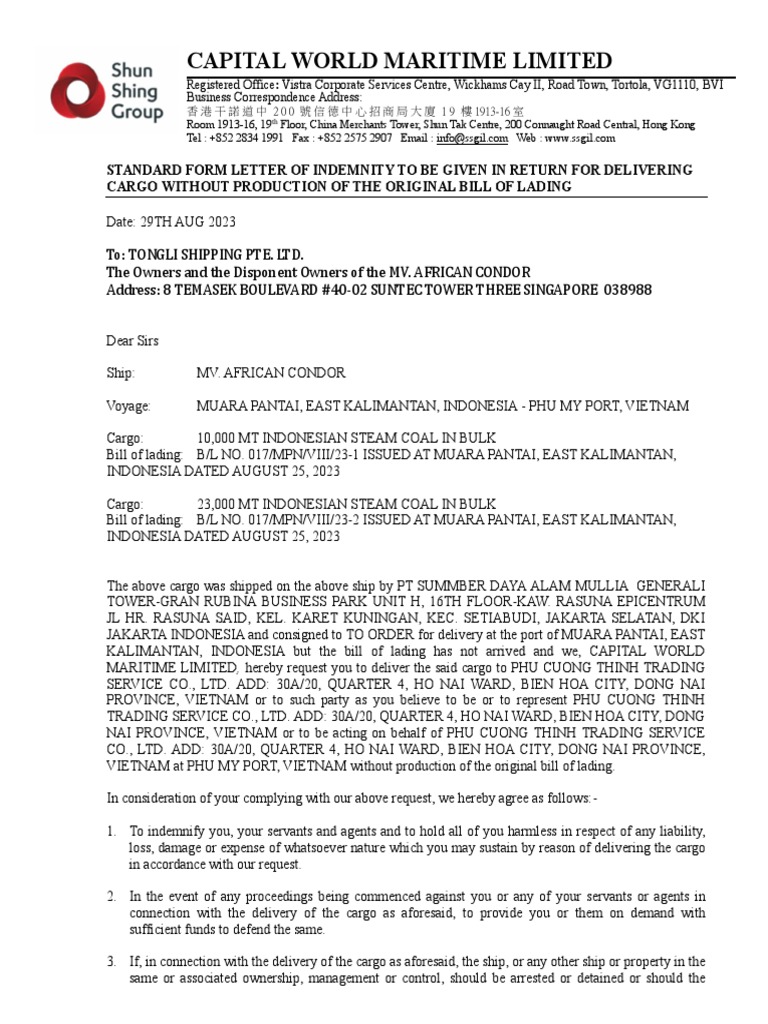 MV African Condor Signed Loi | PDF | Indemnity | Detention (Imprisonment)