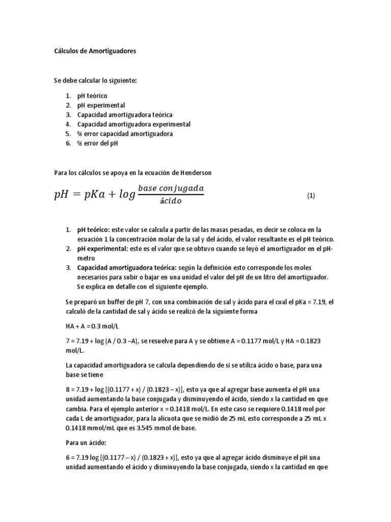 Calculos de Amortiguadores | Descargar gratis PDF | Ph | Constante de disociación ácida