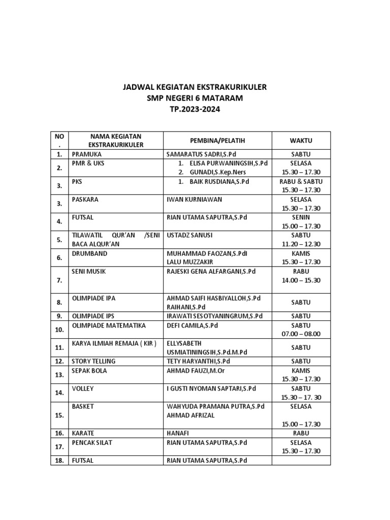 Jadwal Ekskul 2023 - 2024-1 | PDF