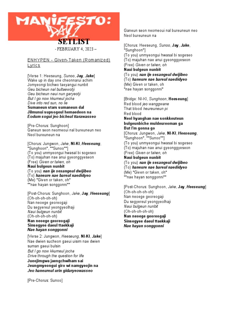 Manifesto Setlist - Feb 4 2023 | PDF | Song Structure | Musical Forms