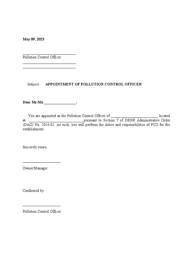 Appointment of Pollution Control Officer | PDF | Business | Finance ...