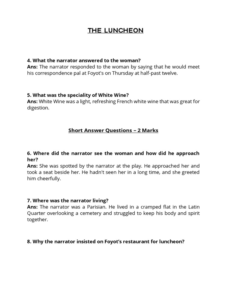 The Luncheon: Short Answer Questions - 2 Marks | PDF | Lunch | Food And ...