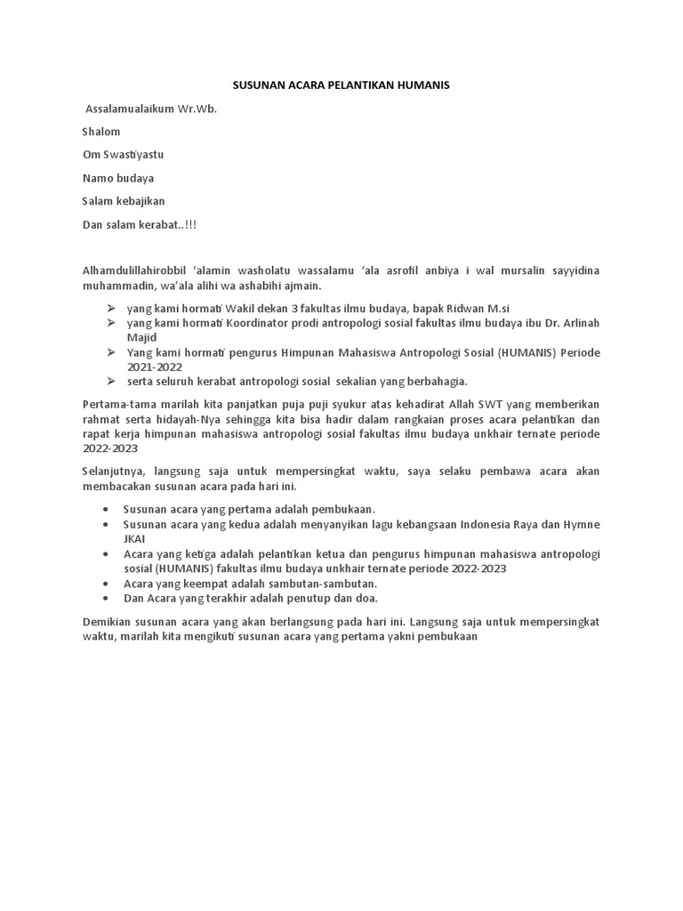 Susunan Acara Pelantikan Humanis | PDF