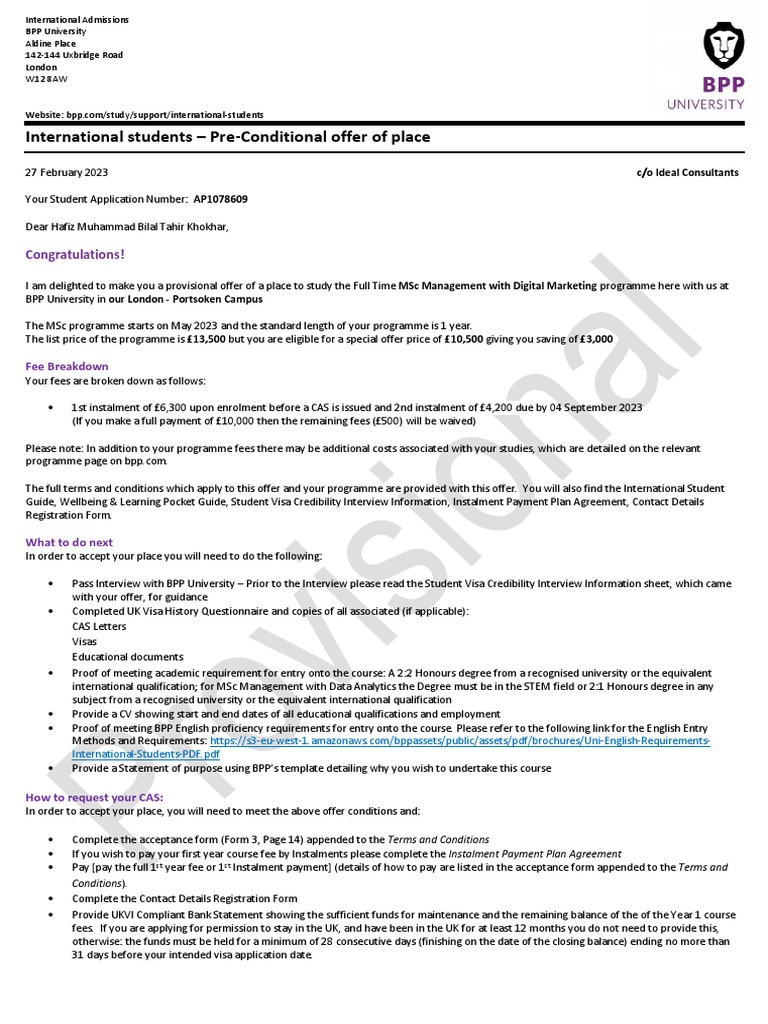 BPP MSc Management Offer Details | PDF | Travel Visa
