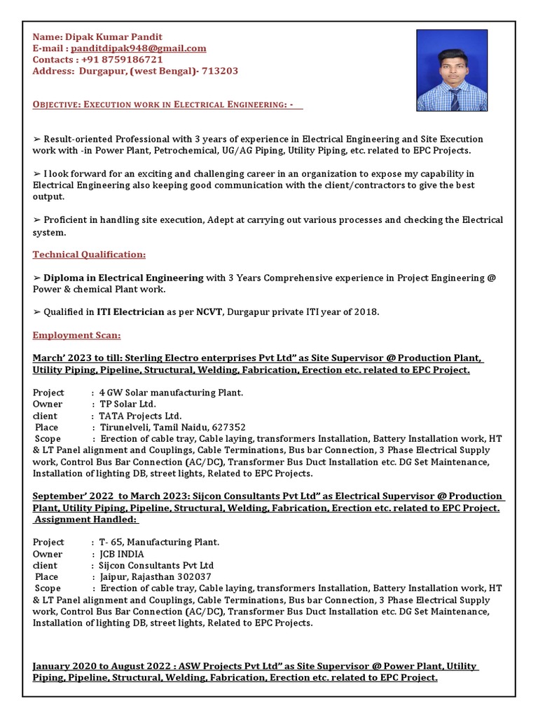 Er. Dipak Kr. Pandit (Electrical CV) | PDF | Transformer | Electrician