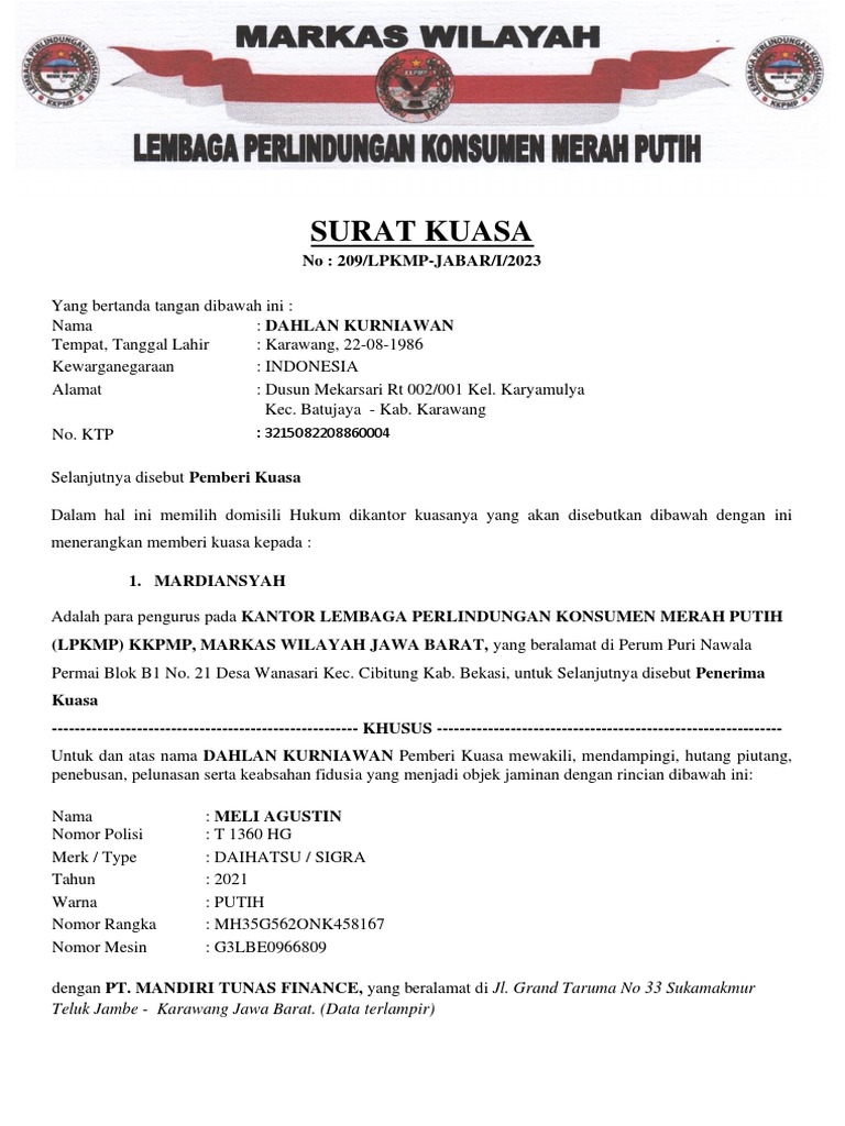 Surat Kuasa Pelunasan Kredit MTF | PDF