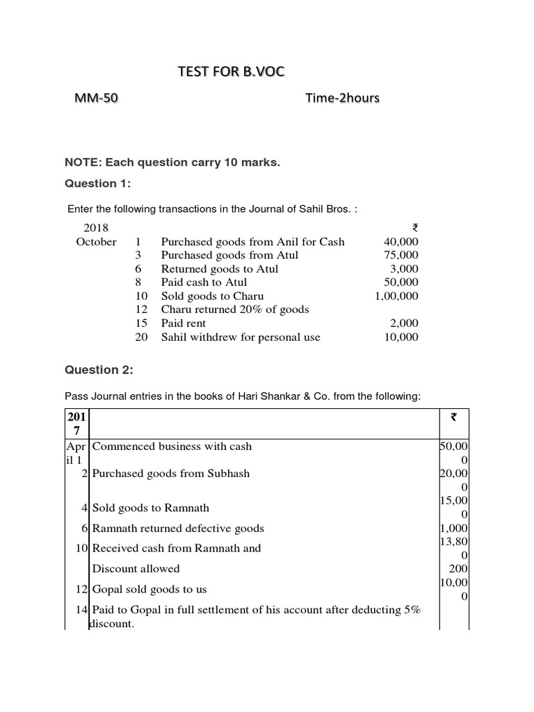 Journal Test 50 Marks | Download Free PDF | List Price | Business Process
