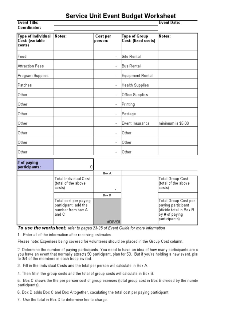 Service Unit Event Budget Worksheet - Girl Scouts | PDF | Fee | Cost