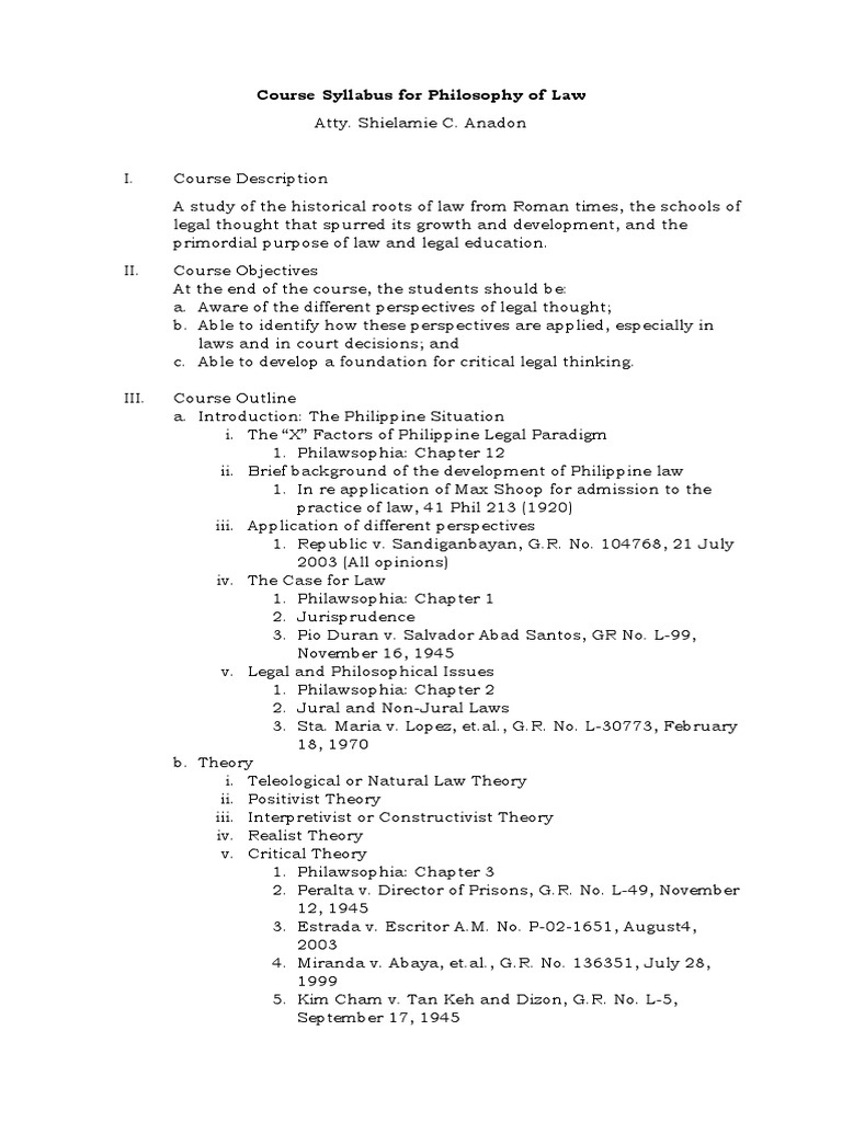 Course Syllabus For Philosophy of Law | PDF | Jurisprudence | Ethical Principles
