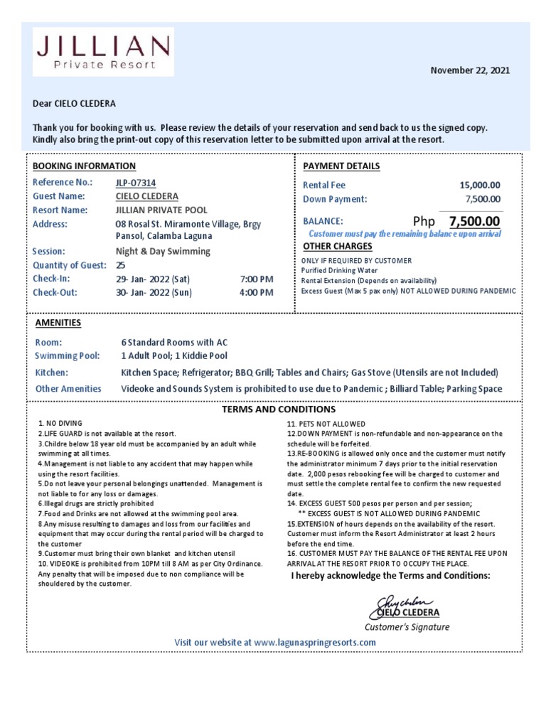 01.29.2021 Reservation Letter Jillian Ms. Cielo Cledera - Signed | PDF ...
