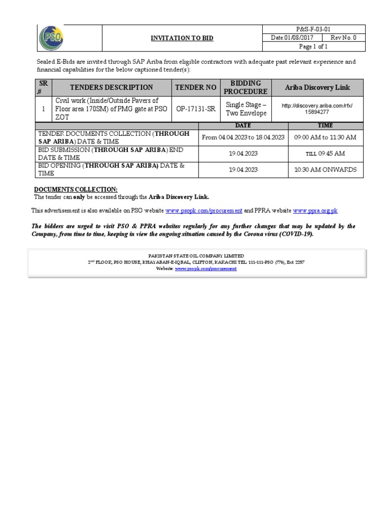 PSO Civil Work Tender Invitation 2023 | PDF