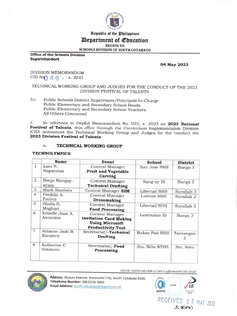 DM Cid No. 049 S. 2023 Technical Working Group and Judges For The Conduct of The 2023 Division ...