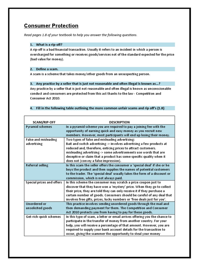 5.1 Consumer Protection Worksheet | Download Free PDF | False ...