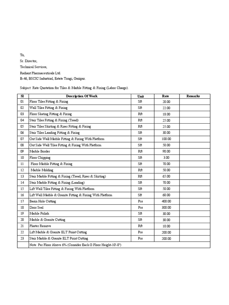 Tiles & Marble Fitting Rate Quotation | PDF | Technology & Engineering