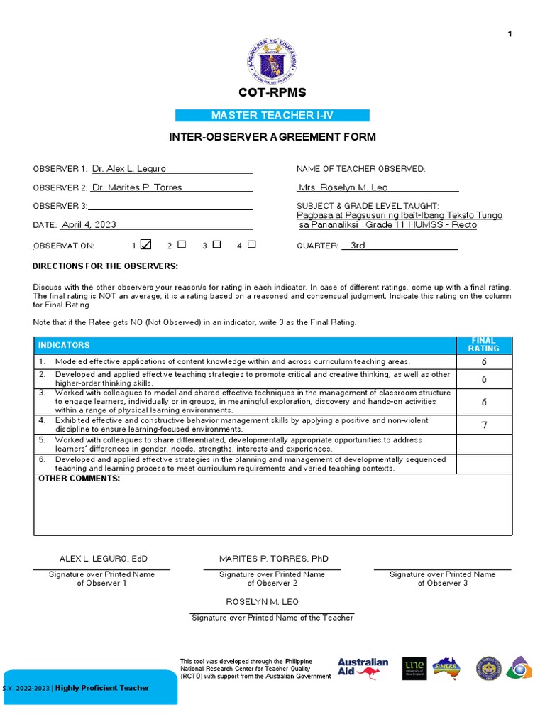 Blank COT RPMS Inter Observer Agreement Form For MT I IV | PDF ... Blank COT RPMS Inter Observer Agreement Form For MT I IV | PDF ...