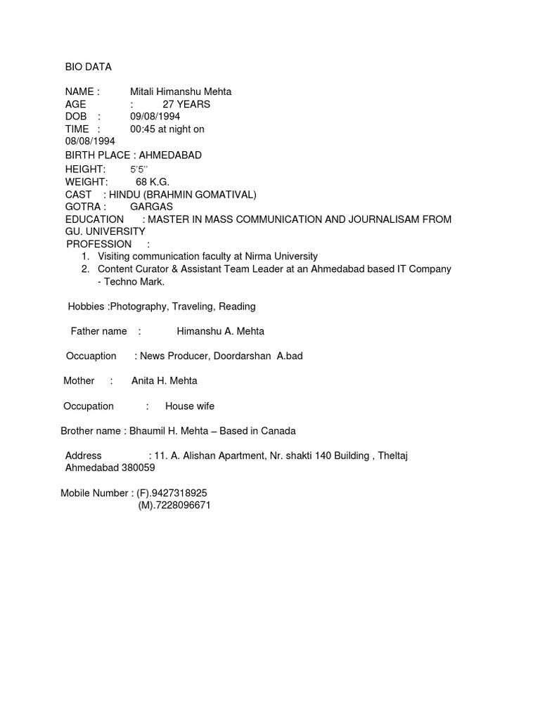 Mitali Biodata | PDF Mitali Biodata | PDF