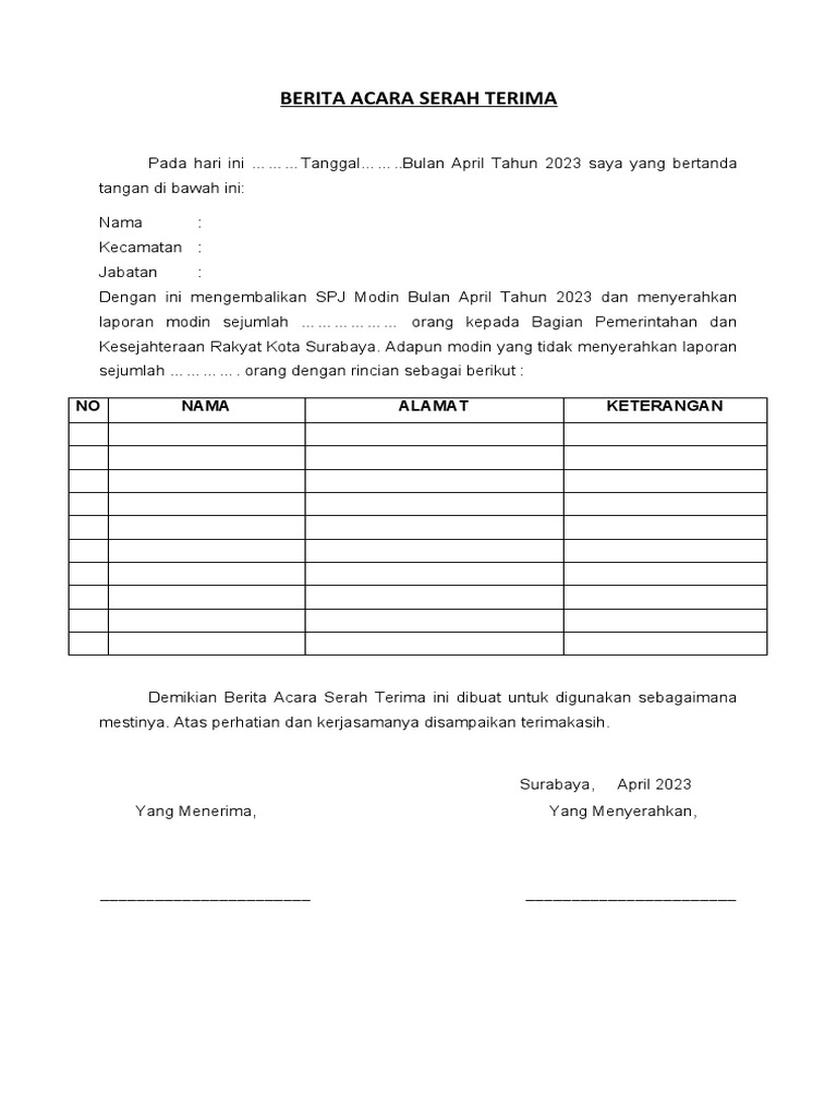 Serah Terima Laporan Modin Surabaya | PDF