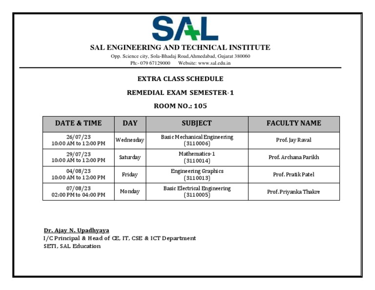Extra Class Schedule for Remedial Exams | PDF