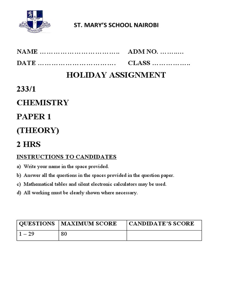 Form 3 Chem End Term 2 2023 Holiday Assignment | PDF | Solubility ...