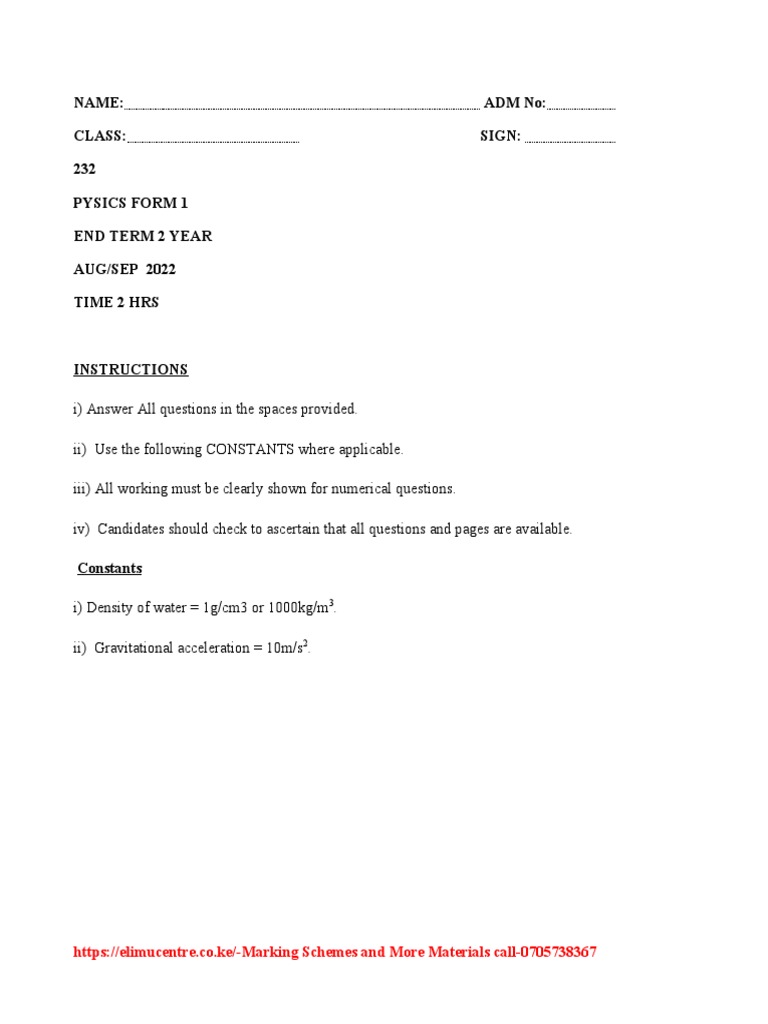 Physics Form 1 Questions | PDF | Liquids | Water