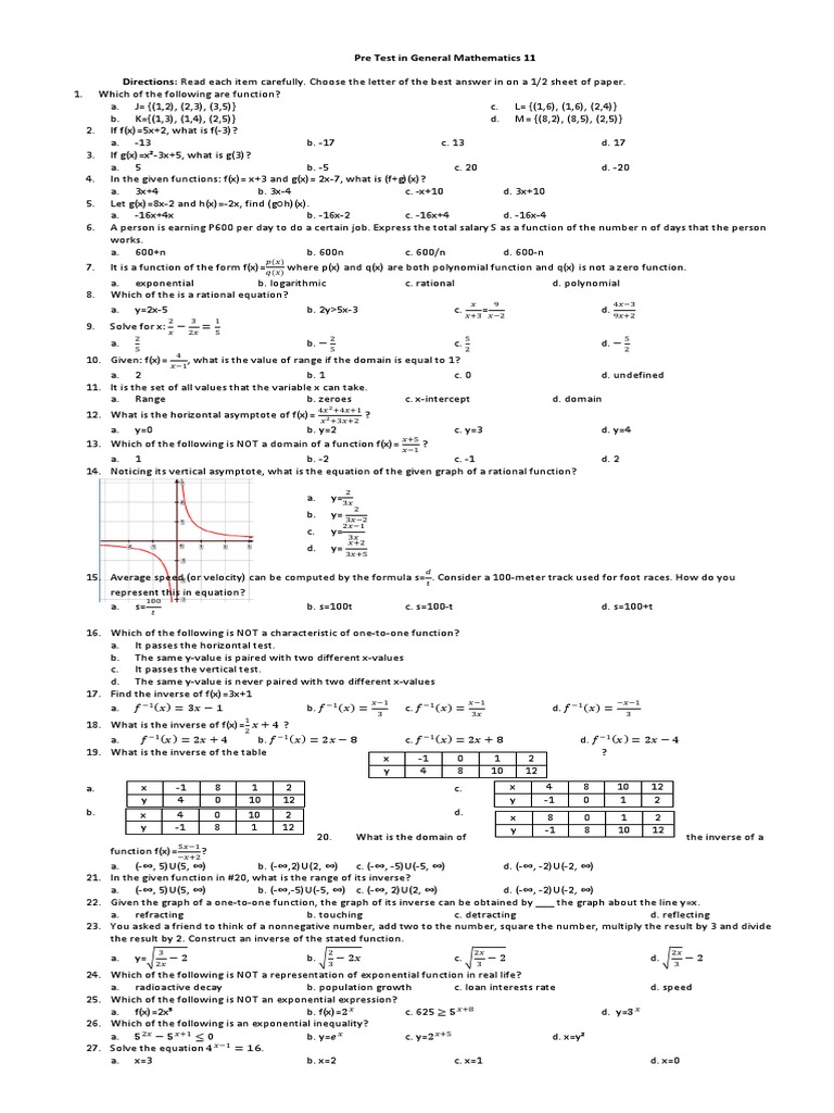 Grade 11 General Math Pre-Test | PDF | Function (Mathematics) | Logarithm