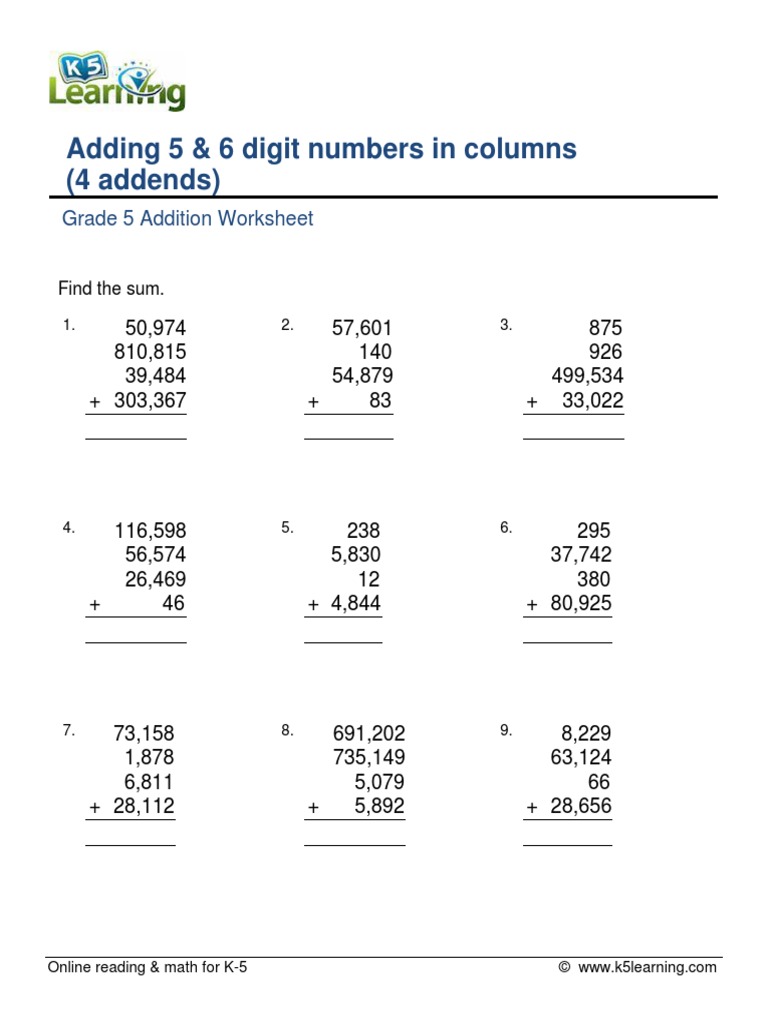 Grade 5 Add Four 5or6 Digit Numbers in Columns e | PDF