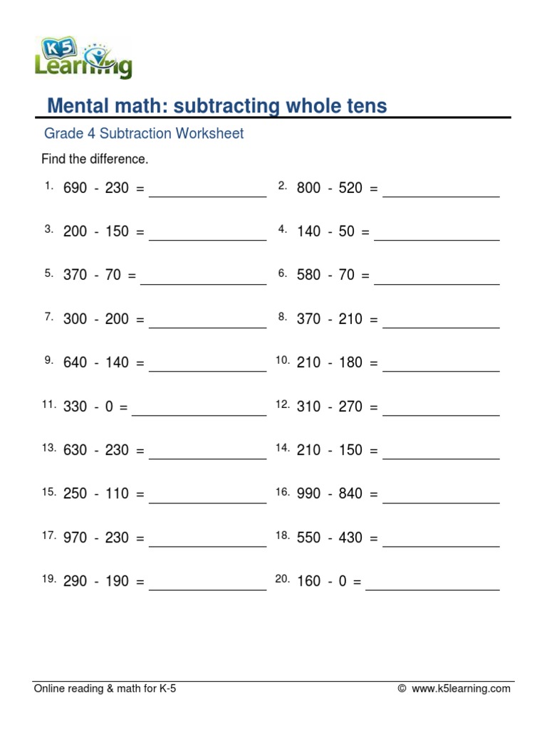 Grade 4 Subtract Whole Tens B | PDF