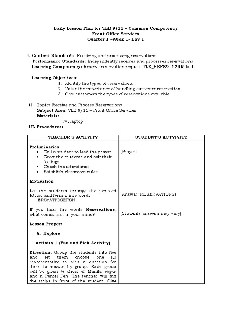 Tle-Fos-9-11-Q1-Wk 1-D1 | PDF | Lesson Plan