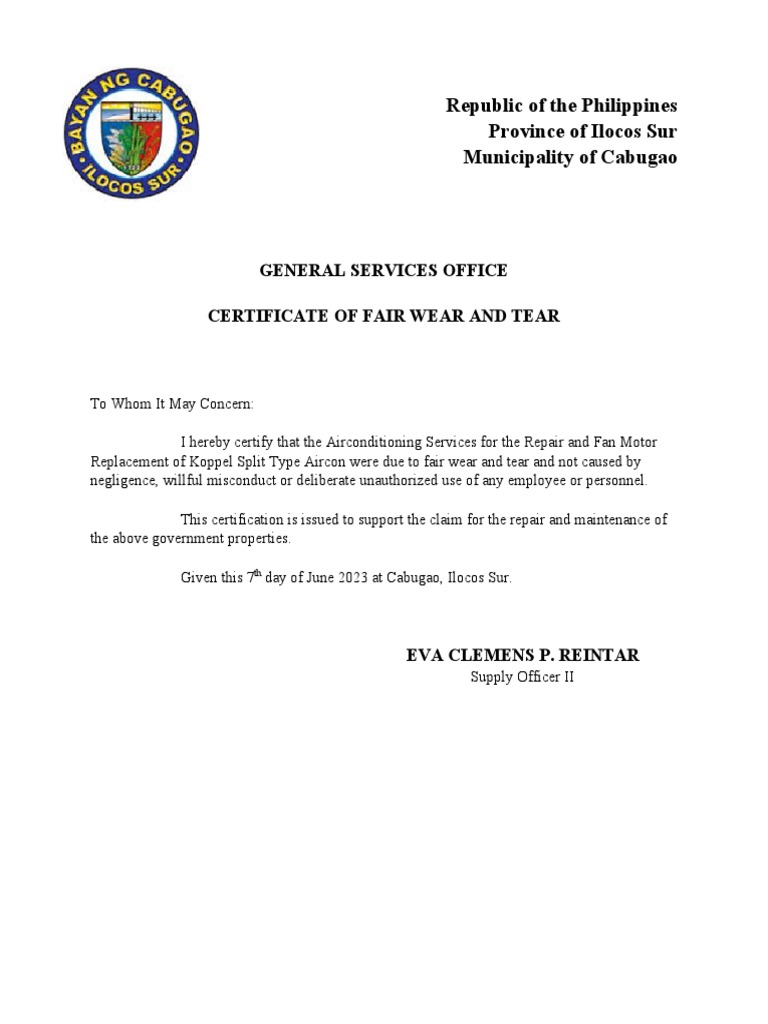 Certificate of Fair Wear and Tear | PDF