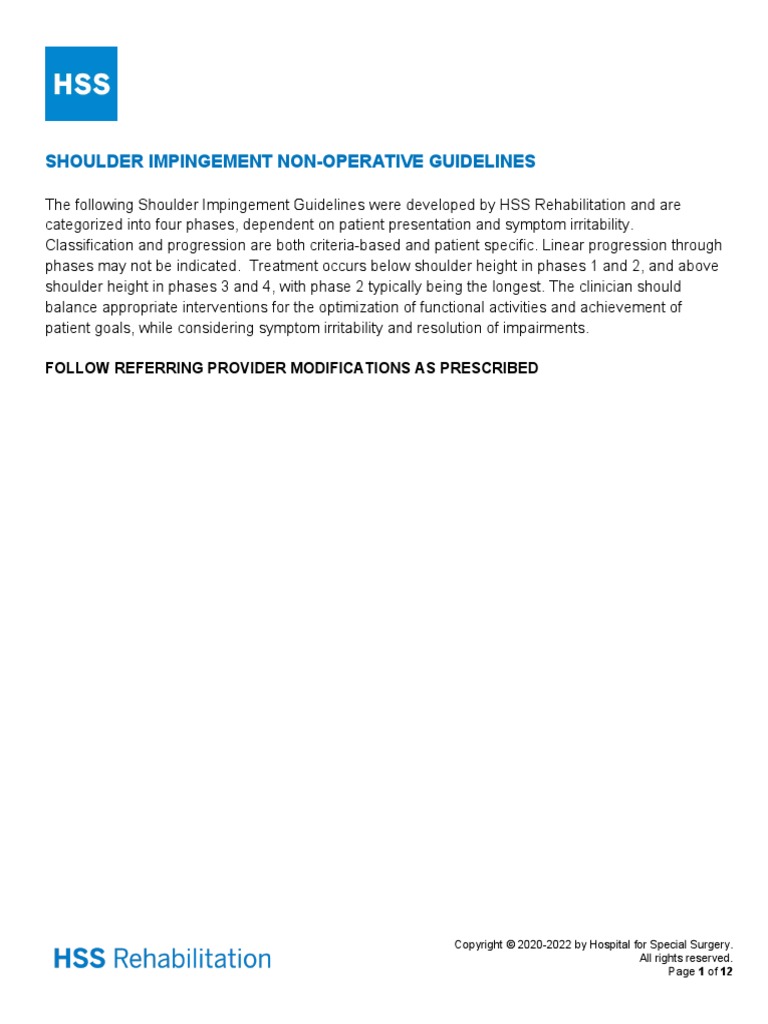 Hss Rehab Clinical Guidelines Shoulder Impingement Non Operative | PDF ...