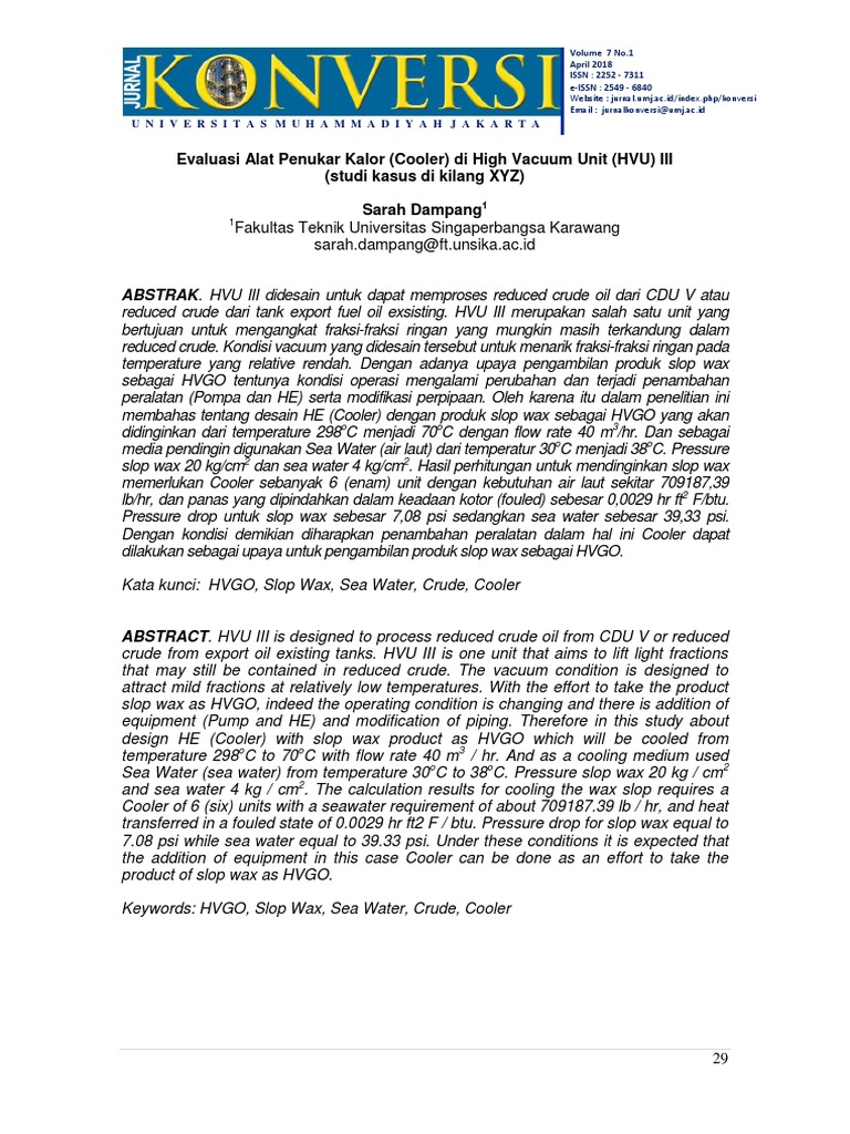 EvaluasiAlat Penukar Kalor (Cooler) Di High Vacuum Unit (HVU) III ...
